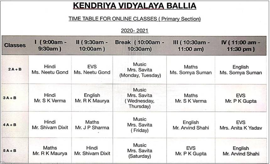 TIME TABLE PRIMARY SECTION