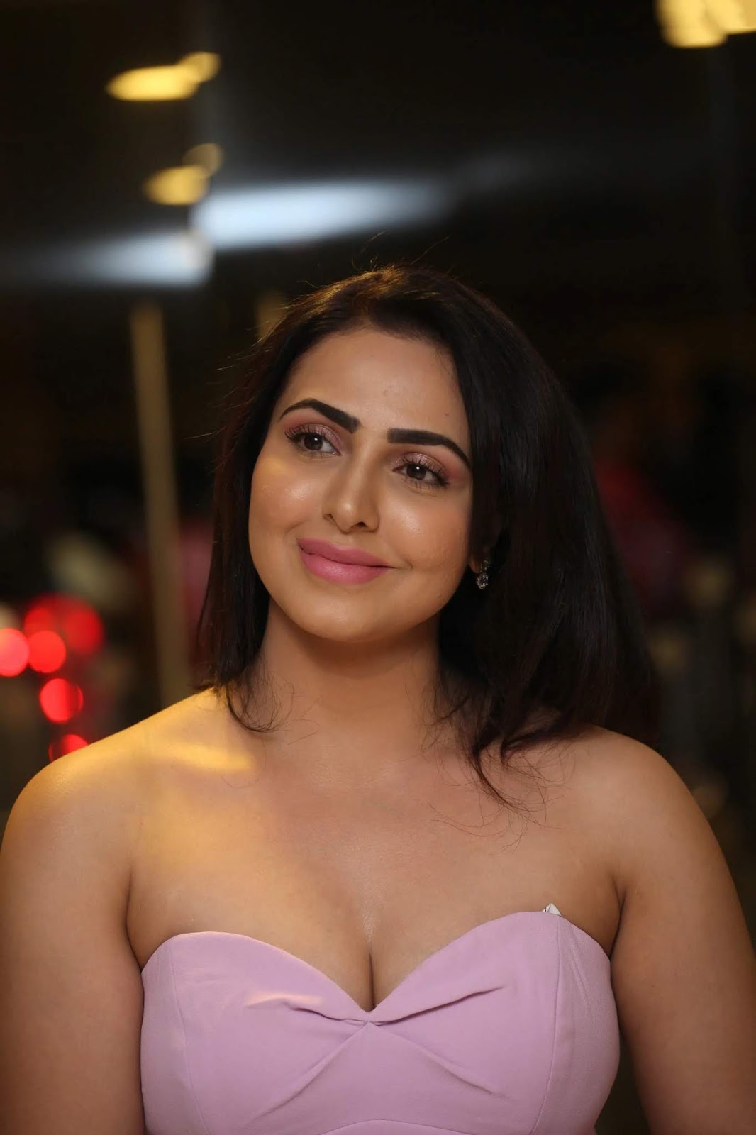 Nandini Rai Hot Cleavage In Pink Low Neck Tube Gown At Salon Hair Crush Event South Indian
