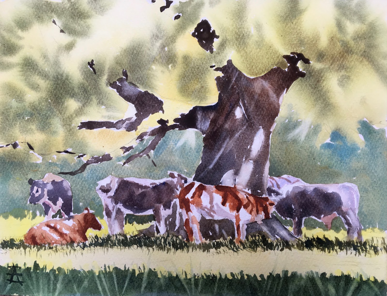 Elisabeth Atkinson Art: Cows under a tree