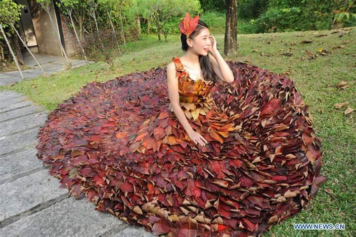 See this dress made of leaves by a Chinese designer. | OddNaija