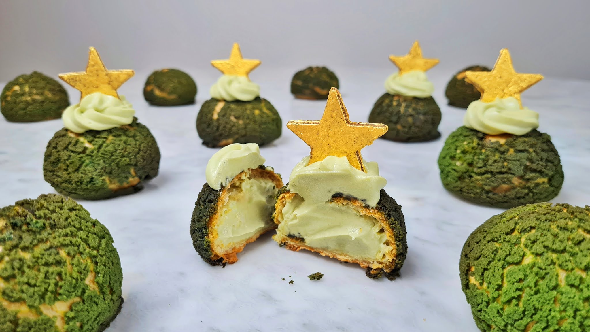 Christmas Tree Matcha Craquelin Cream Puffs Recipe