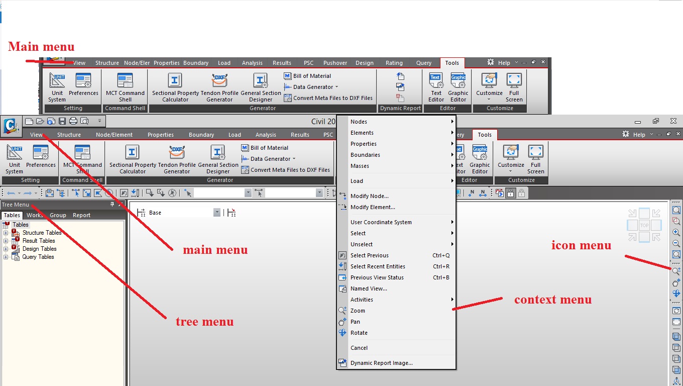 Civil Engineering: Midas Civil menu