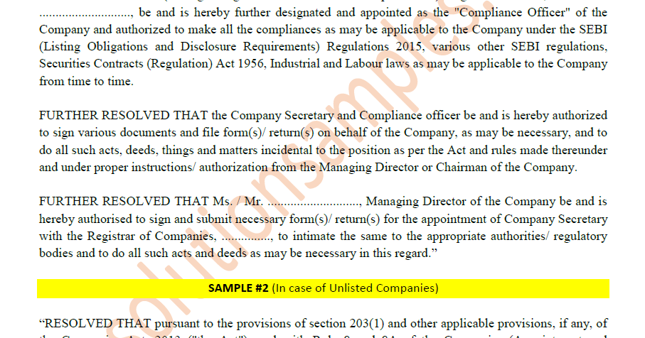 Draft Board Resolution Appointment of Company Secretary (CS)