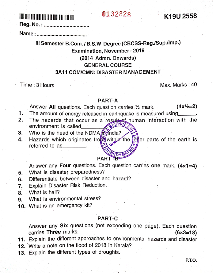 Kannur University B.Com./B.S.W 3A11COM/CMN: DISASTER MANAGEMENT ...