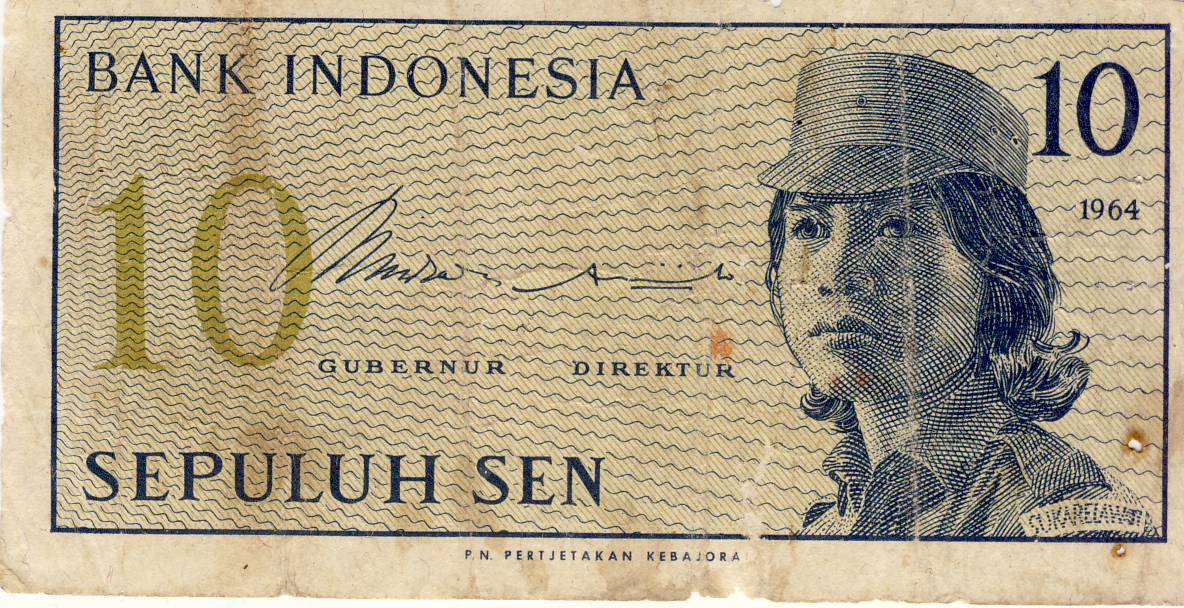 Uang kertas kuno Indonesia pecahan nominal 10 sen (sepuluh sen ...