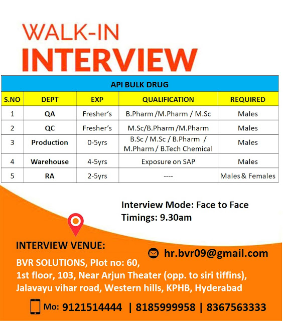 Walk-In Interviews for Freshers & Experienced in QA / QC / Production / Warehouse - API Bulk ...