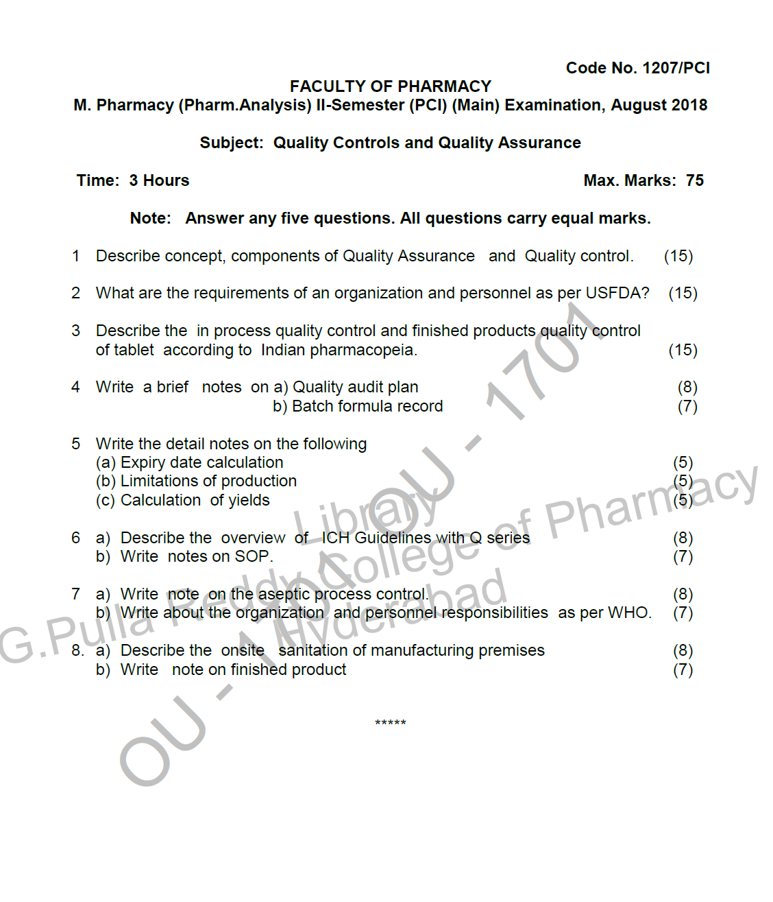 Osmania University M. Pharmacy (Pharmaceutical Analysis) II-Semester ...