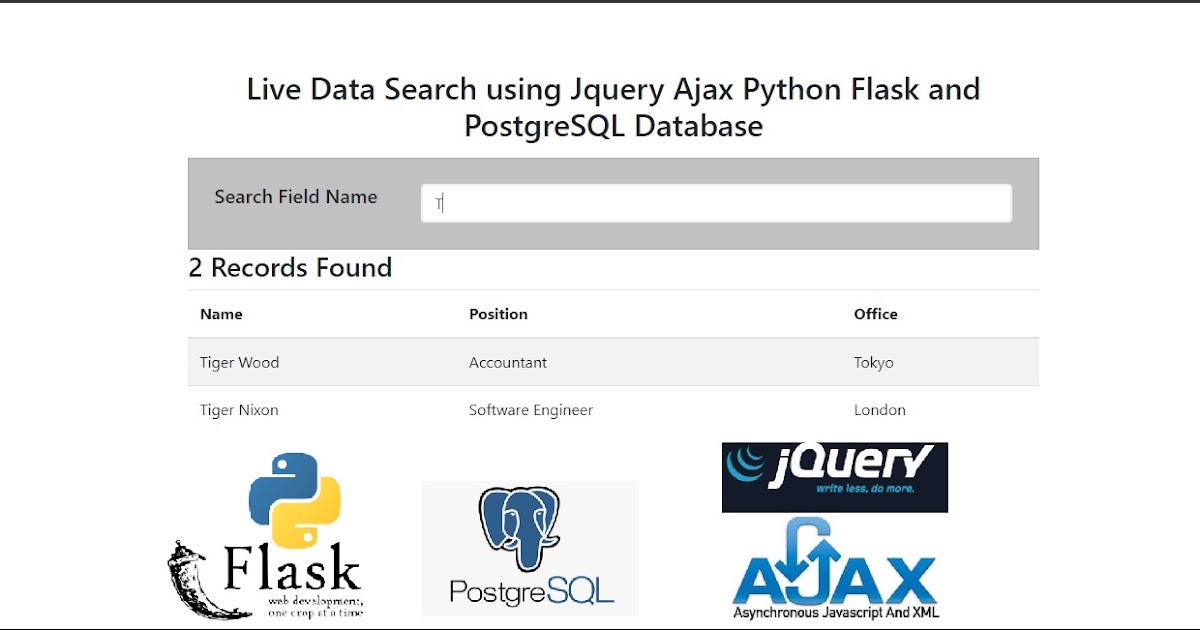 Live Data Search Using Jquery Ajax Python Flask And Postgresql Database Tutorial101