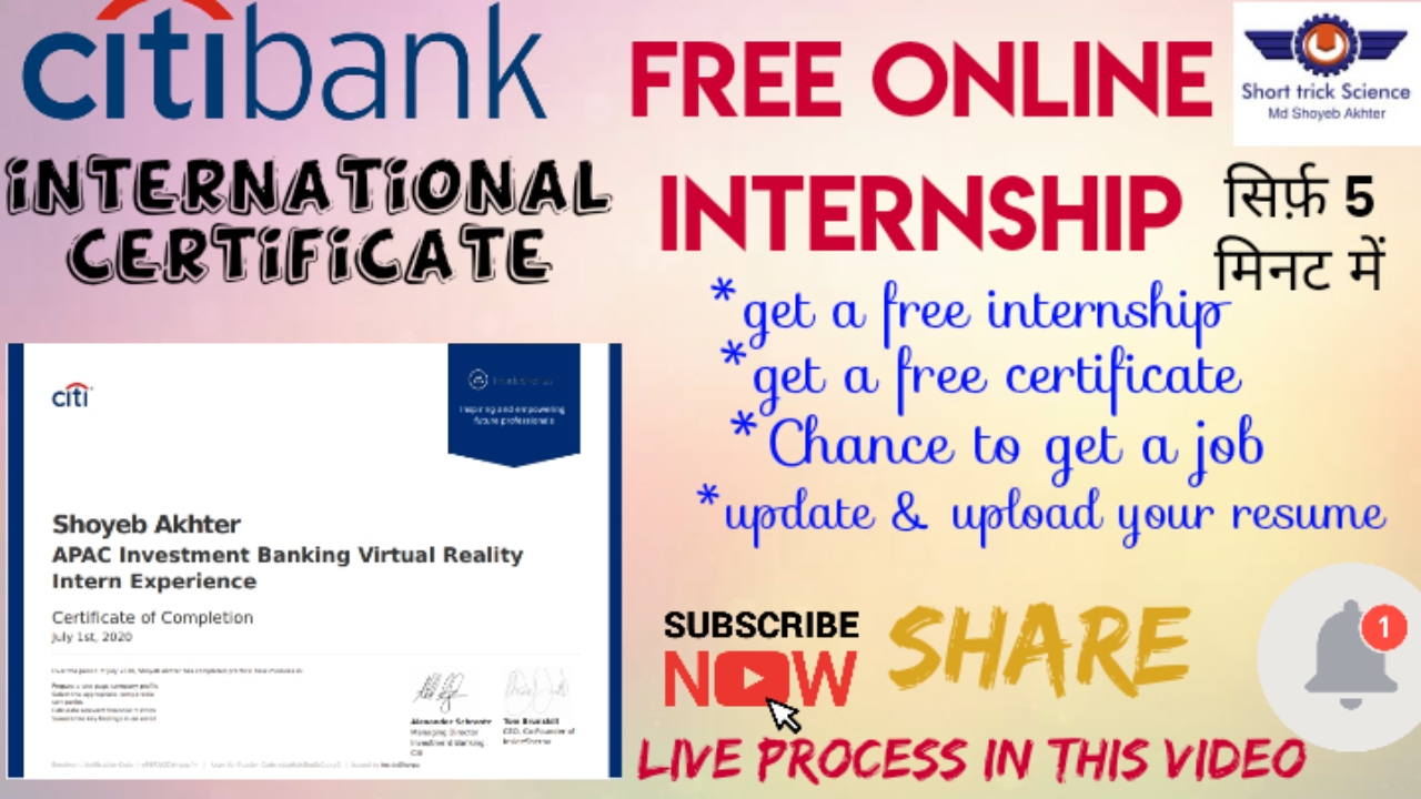 Citi International Bank internship certificate
