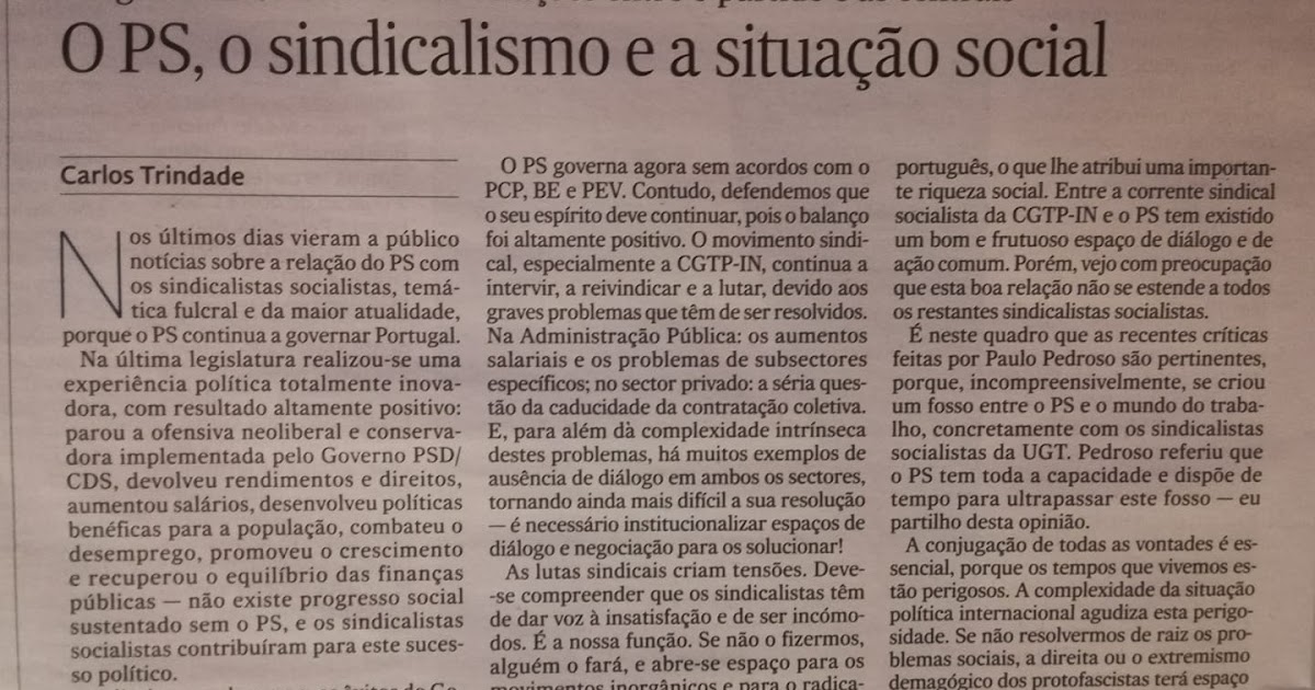 CSS da CGTP-IN: Artigo de Carlos Trindade no jornal Expresso