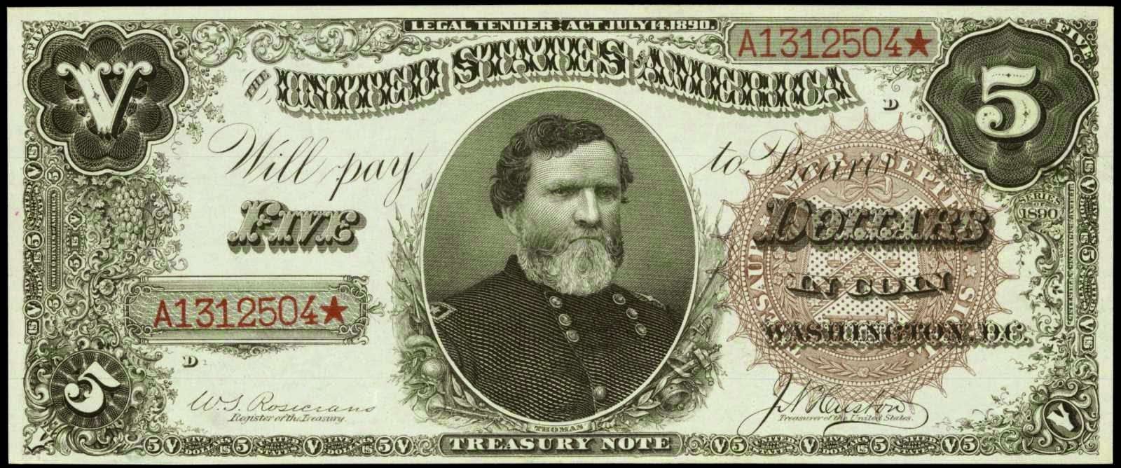 1890 Five Dollar Treasury or Coin Note|World Banknotes & Coins Pictures ...