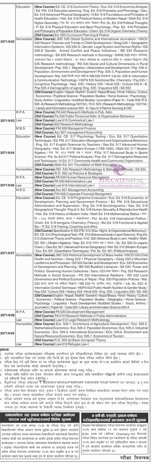 TU Examination Schedule For Master's First Year- 2070, Tribhuvan University