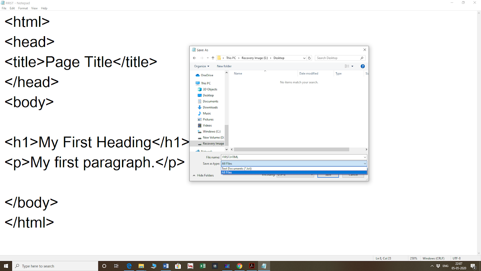 अब आपका HTML डॉक्यूमेंट तैयार हो चुका है। इस वेबपेज को देखने के लिए हमे अपनी सेव की गई फाइल को ...