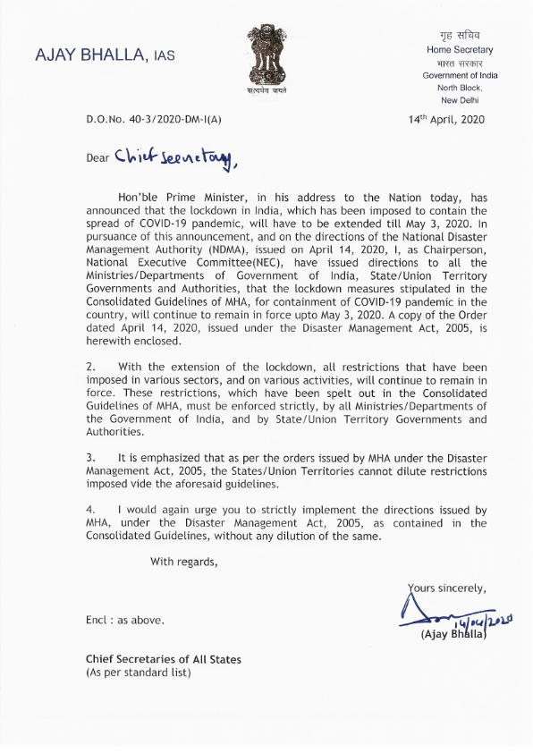DO Letter to Chief Secretaries for strict implementation of Lockdown ...