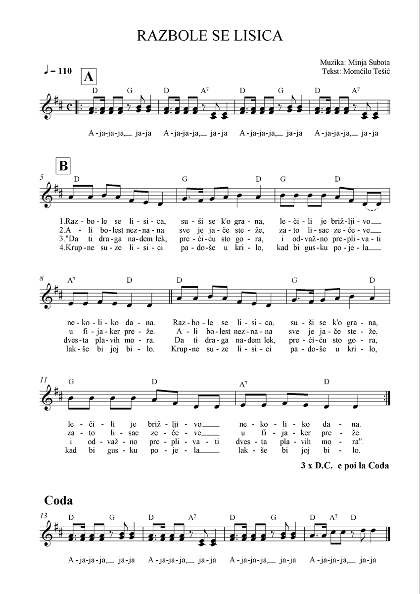 NOTE | DOMACE I STRANE: RAZBOLE SE LISICA AKORDI NOTE