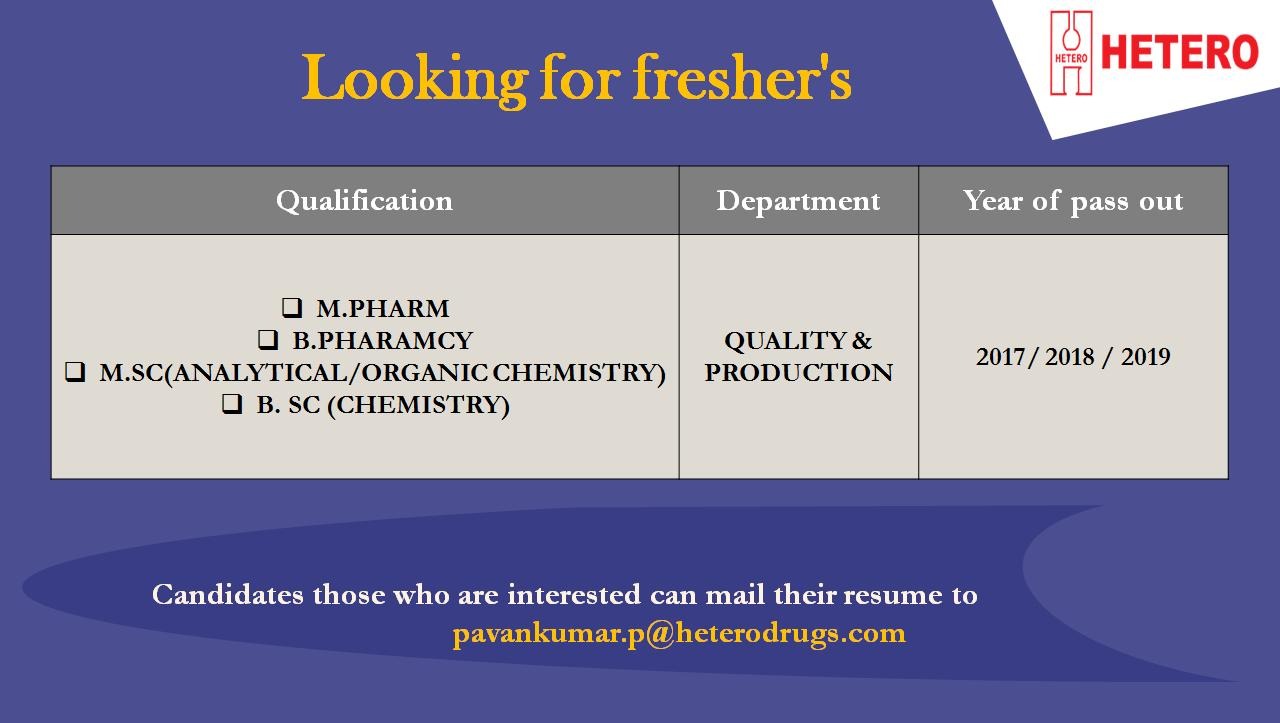 JOB ALERTS HUB: Hetero Labs Limited - Openings for M.Pharm / B.Pharm ...