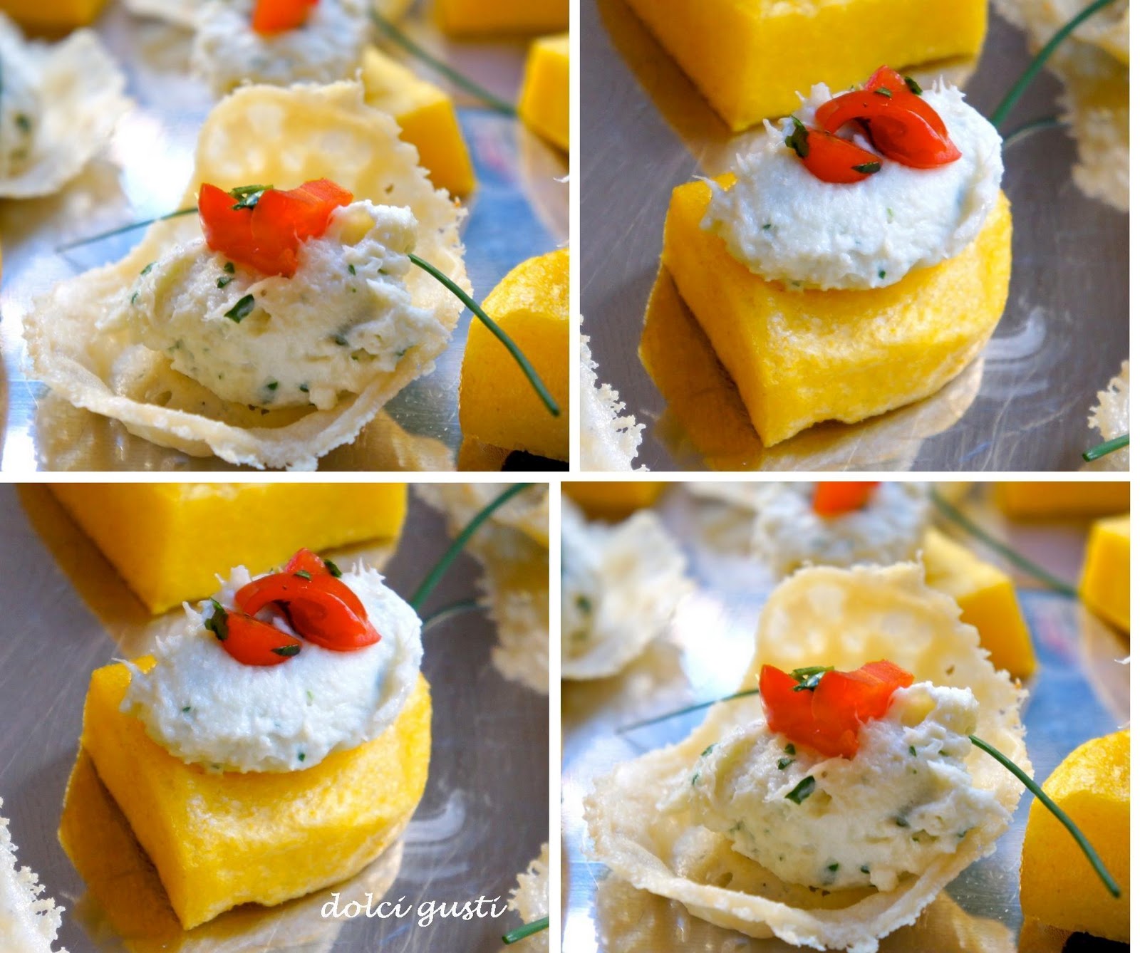 chocolate and cakes: salt cod mousse on polentine and Parmisan coupelles