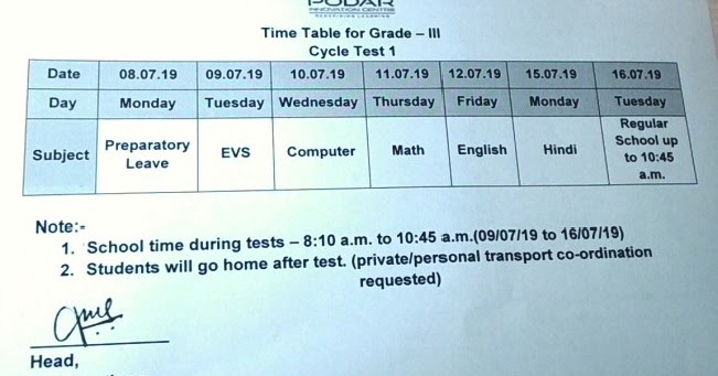 CYCLE TEST 1 TIME-TABLE AND PORTION FOR CLASS 3 A,B,C,D,E