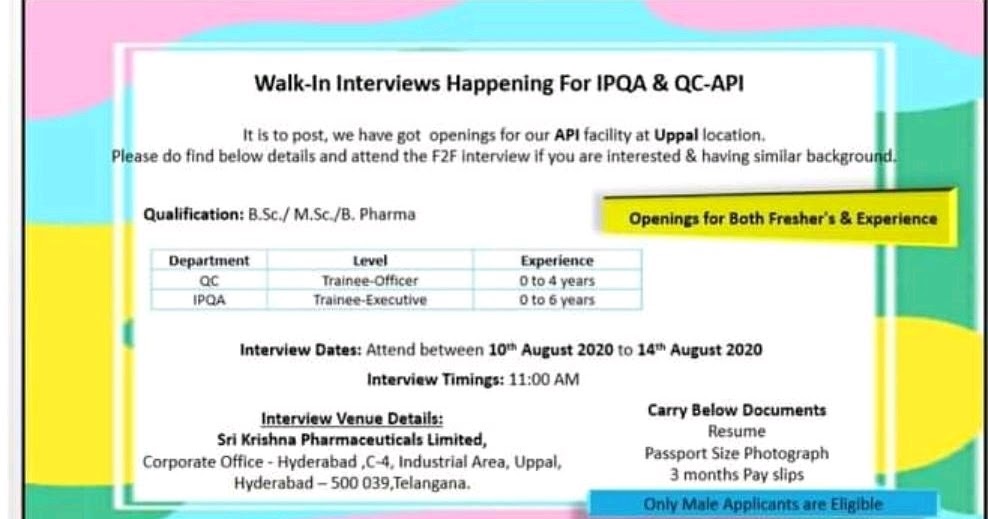 Sri Krishna Pharmaceuticals | Walk-in for QC &IPQA for Freshers & Expd at Hyderabad on 10-14 Aug ...