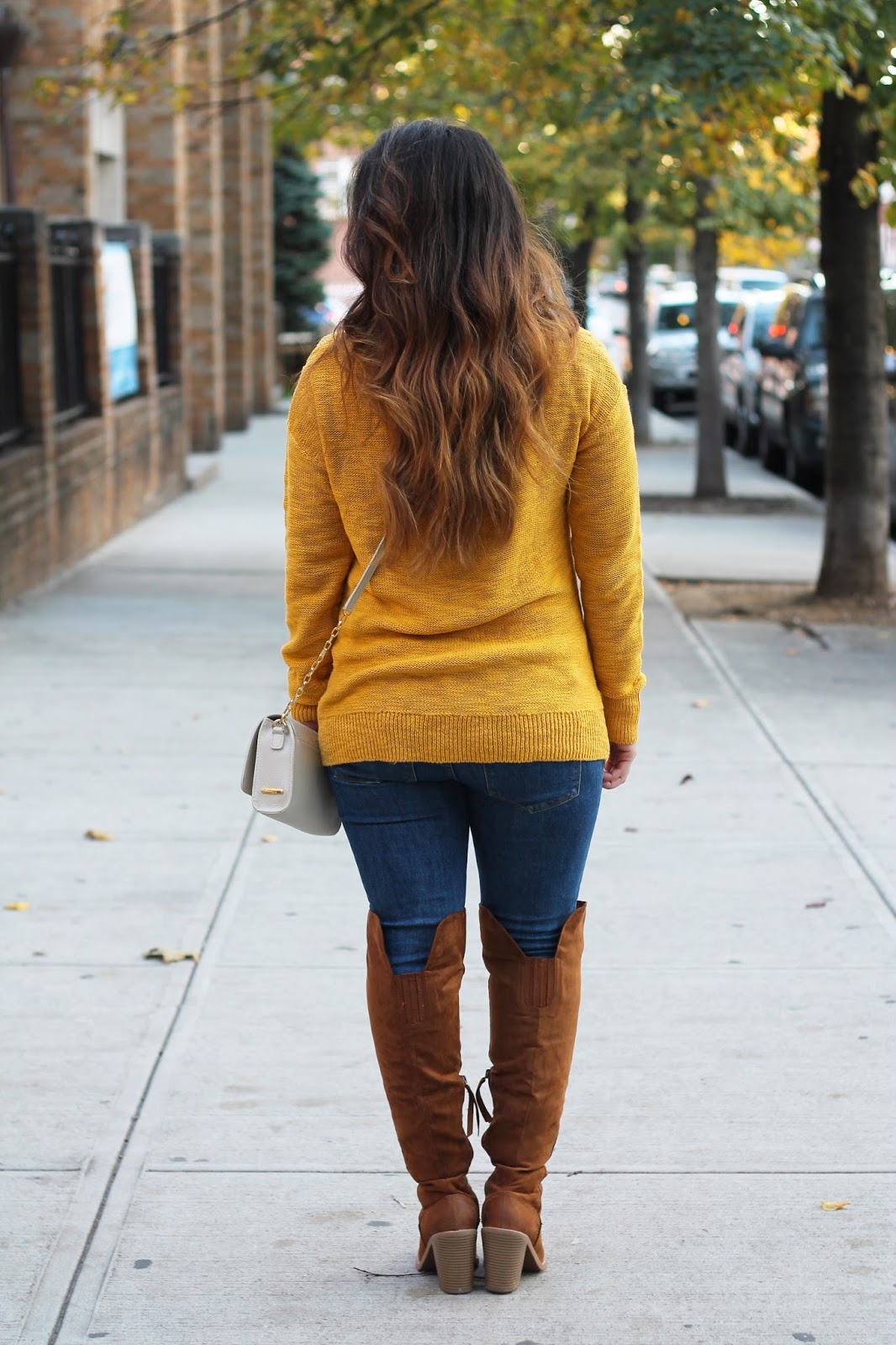 Mustard Yellow Pullover Sweater and Brown Over the Knee Boots. - New ...