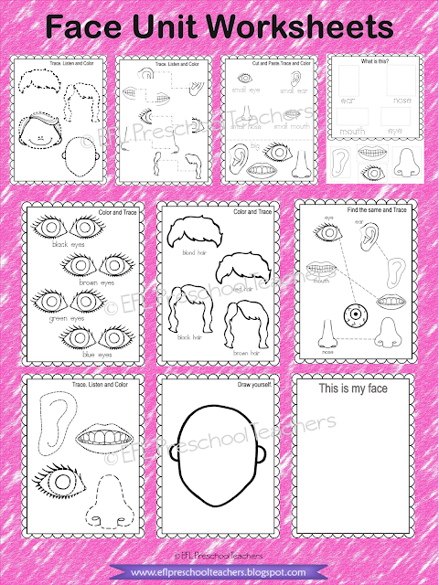 ESL/EFL Preschool Teachers: Face Theme Worksheets for Kindergarten