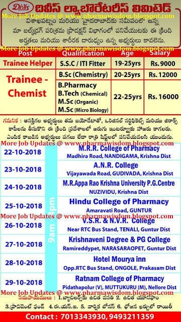 Divis Labs Ltd - Walk-In Drive for B.Pharm / B.Sc / M.Sc / B.Tech / S.S.C / ITI Freshers on 22nd ...