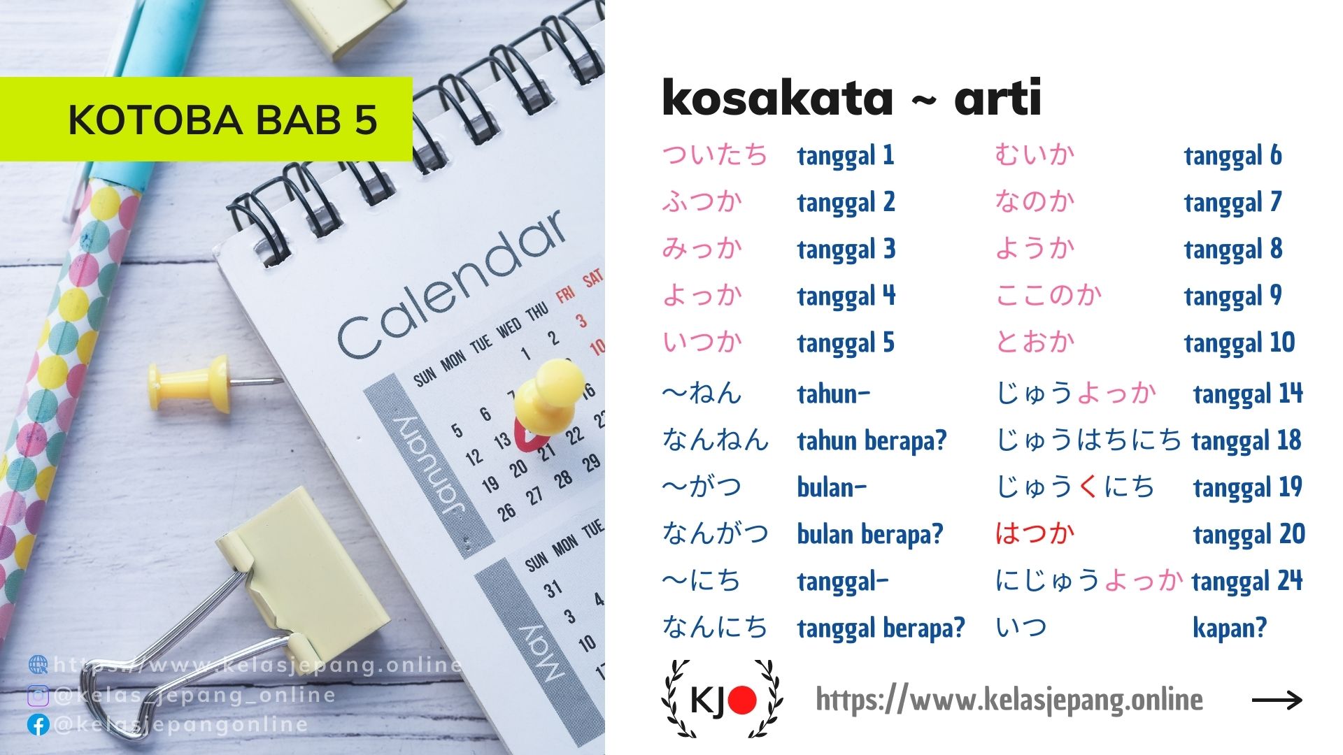 KOTOBA N5-5 | KOSAKATA JLPT N5 | Buku Minna no Nihongo 1 | Bab 5 ...