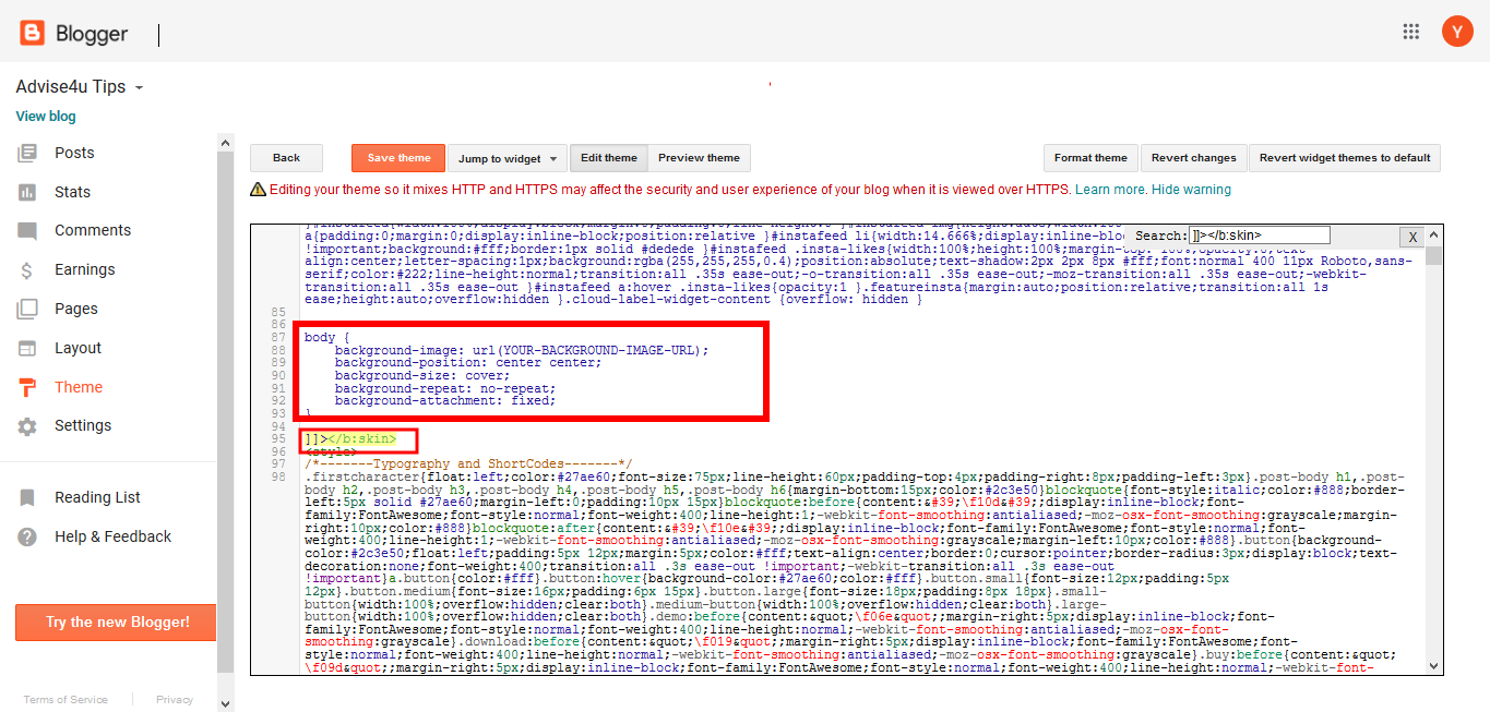 How to Change Blogger Background image with HTML - Advise4u Tips