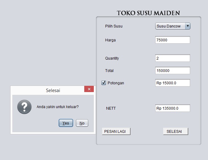 Kasir Susu menggunakan jFrame Java Netbeans