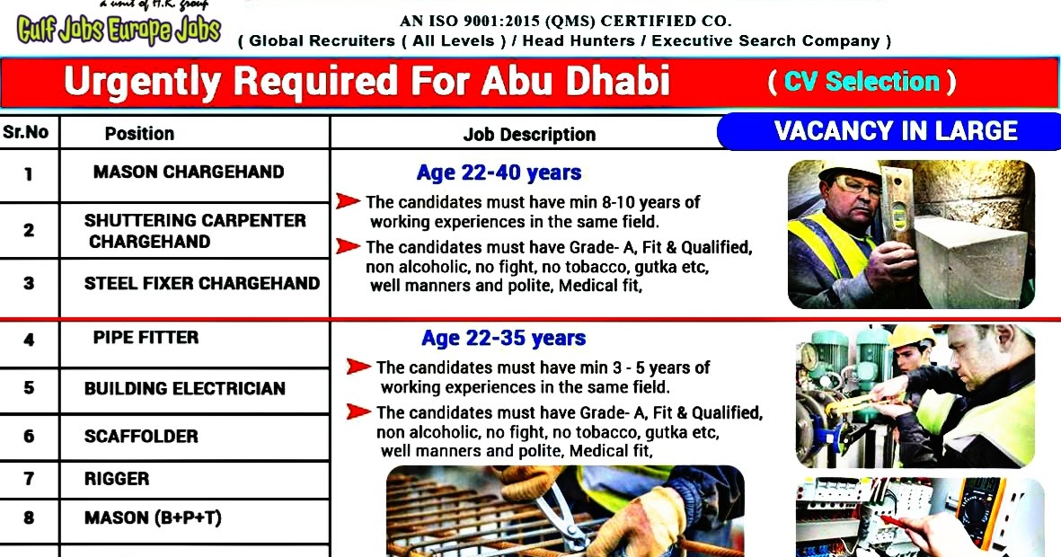 AbuDhabi Company STEEL FIXER CHARGEHAND PIPE FITTER BUILDING ...