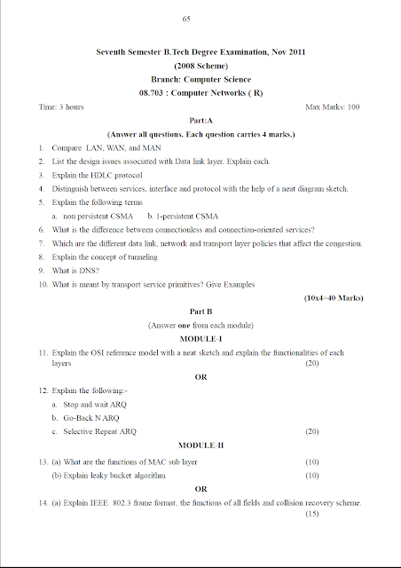 Kerala University B.Tech Computer Networks (R) Nov 2011 Question Paper - University Question Papers