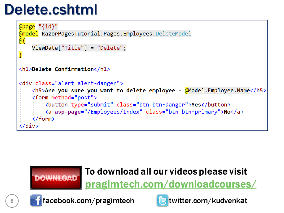 Sql server, .net and c# video tutorial: Delete operation in asp.net core razor pages - Slides