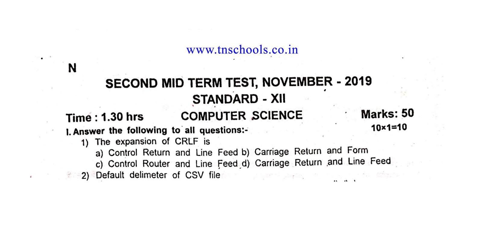 12th Std Computer Science Second Mid Term Question Paper English