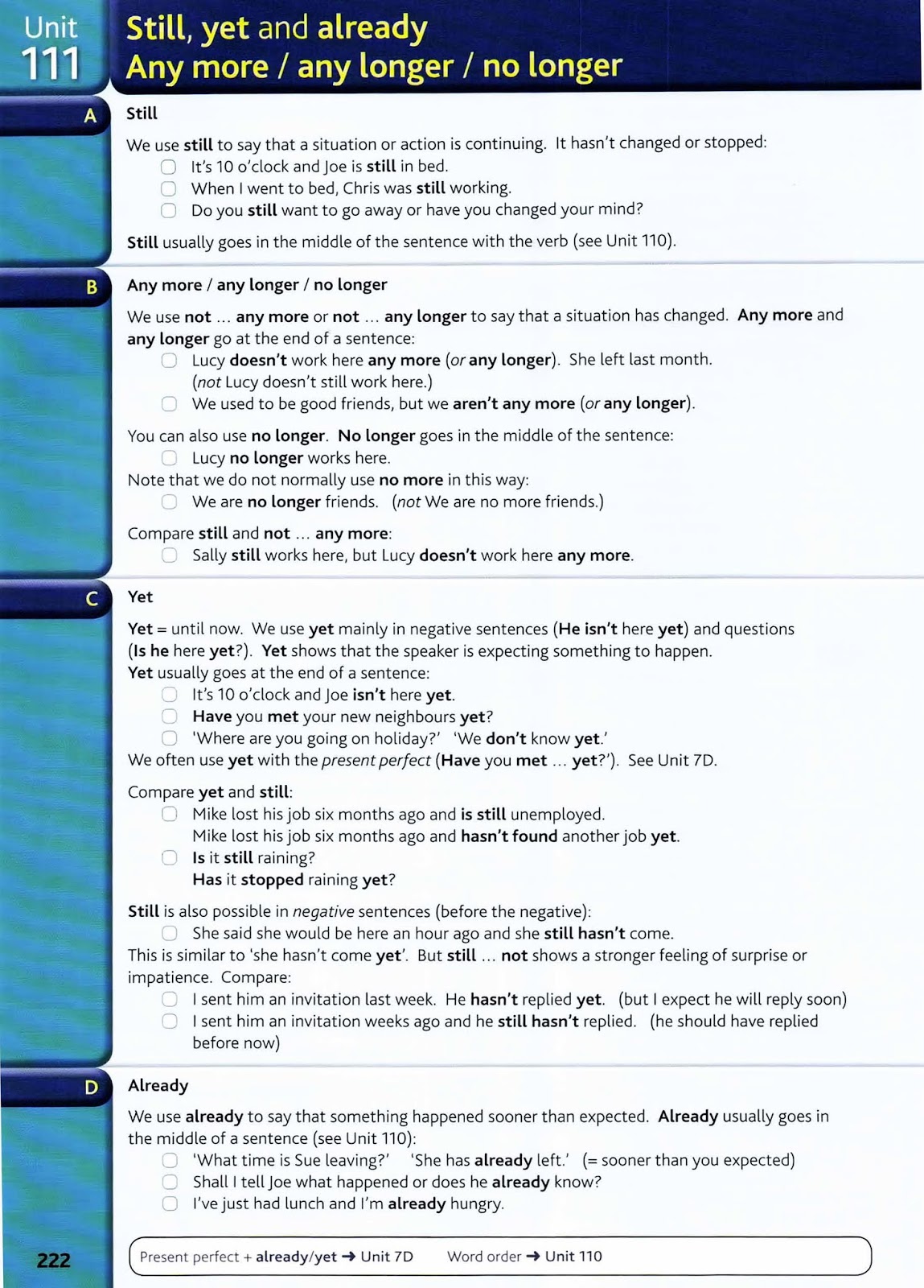 Unit 111: Stil, yet and already – Any more/ any longer/ no longer ...