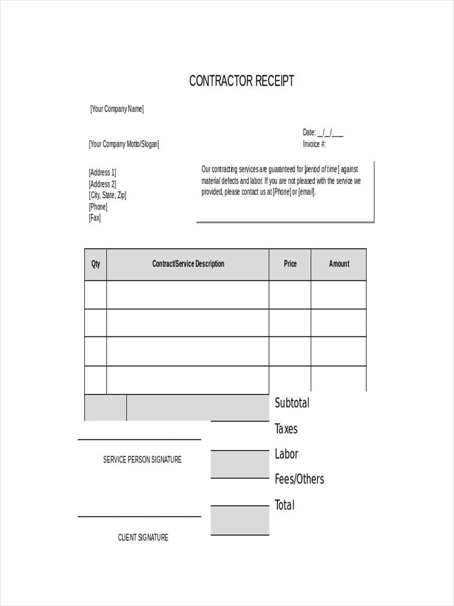 Contractor Receipt Sample - Invoice Template