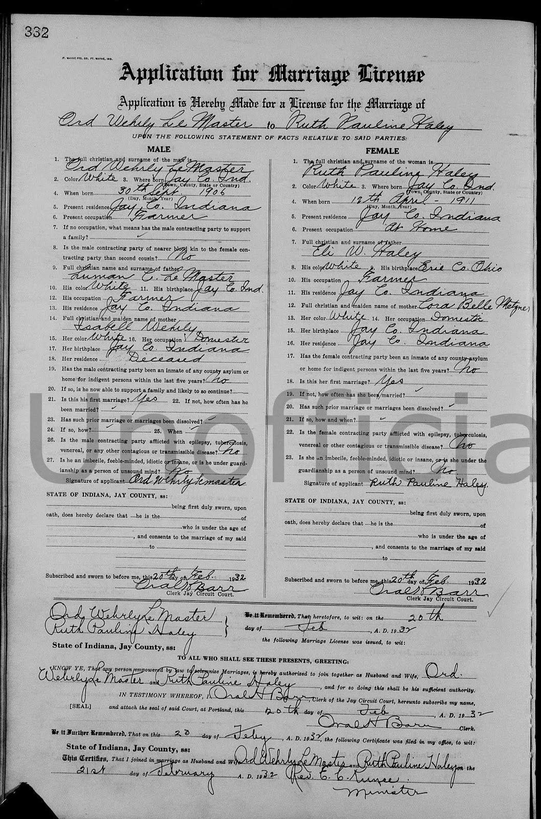 Marriage License : Ord Wehrly LeMaster to Ruth Pauline Haley, 1932, Jay ...