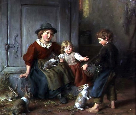 Children and Their Pet Rabbits ~ Antique Oil Paintings