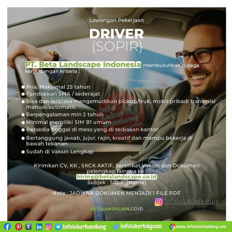 Lowongan Driver PT. Beta Landscape Bandung Sepetember 2021 - Info Loker ...