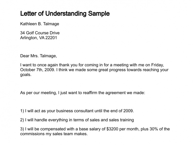 Sample Letter Of Understanding Template ~ Resume Letter