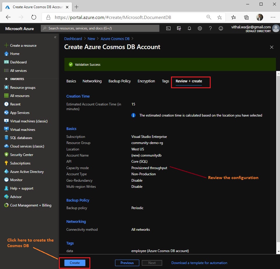 Creating Azure Cosmos DB Using Azure Portal