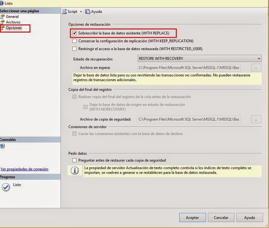 Análisis y Programación: SQL Server 2014. Restaurar una base de datos a ...
