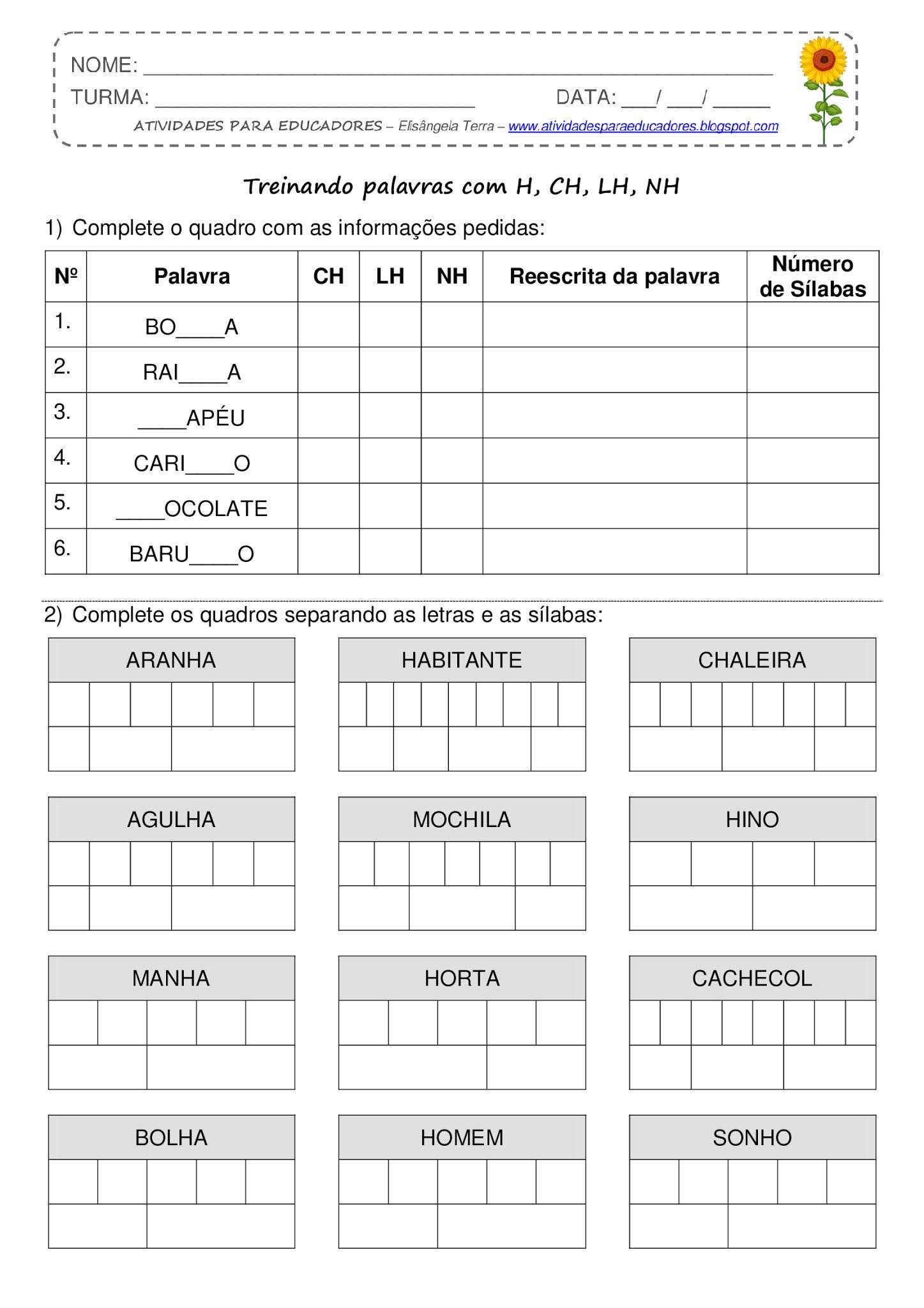 ATIVIDADES PARA EDUCADORES : Ortografia - Palavras com H INICIAL, CH, LH e NH