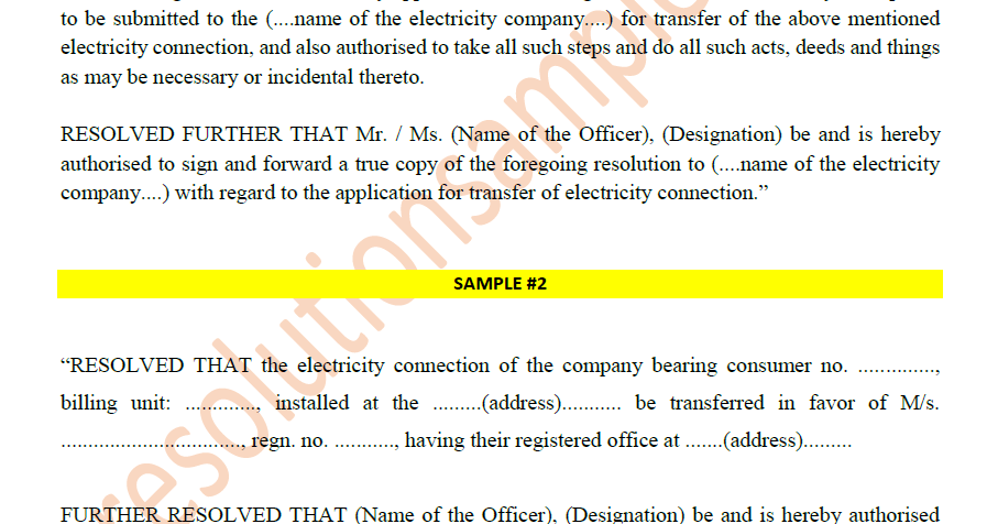 Board Resolution for Transfer of Electricity Connection Sample