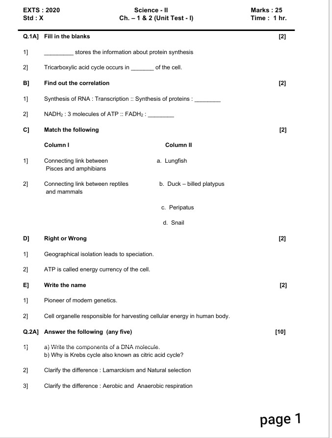 std 10 Science 2 Chapter 1 and 2 question paper for practice