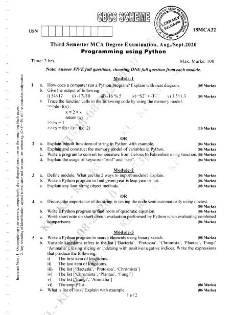 Visvesvaraya Technological University Mcacbcs Third Semester 18mca32 Programming Using