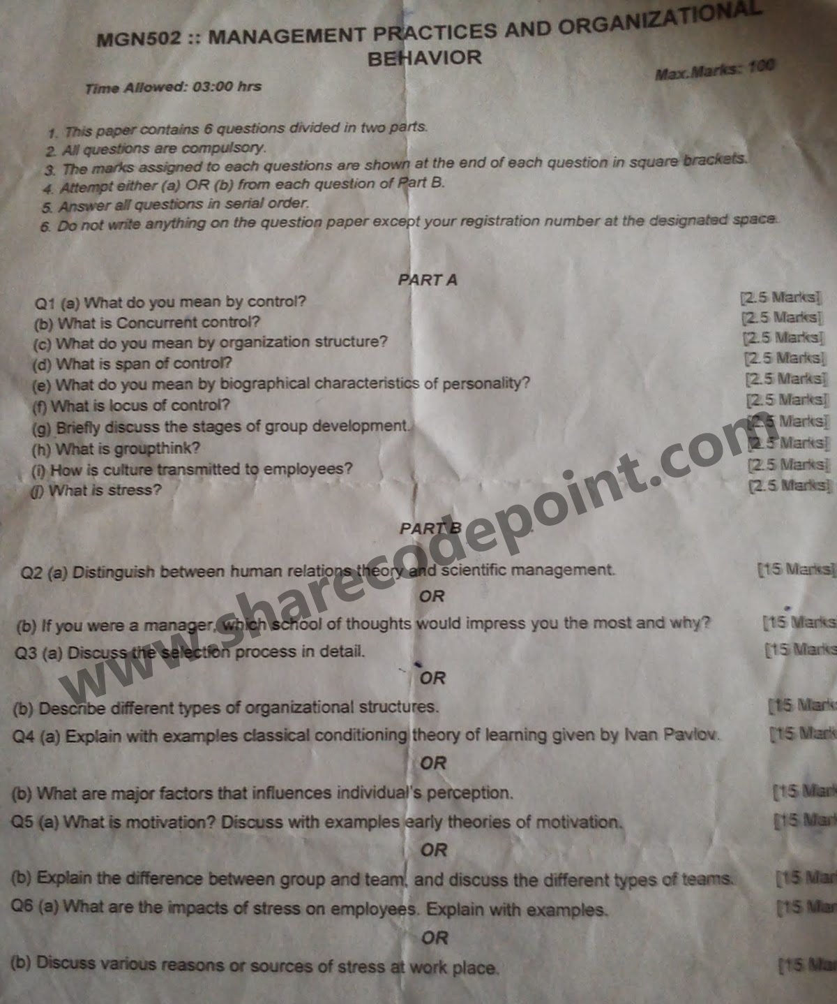 MGN502 : Management Practical And Organizational Behavior End Term Exam ...