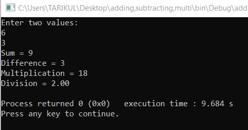 C program to perform addition, subtraction, multiplication and division ...