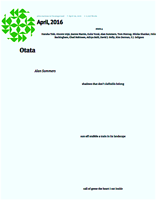 Area 17: three monostich poems published in Otata issue 4 - haiku, monoku