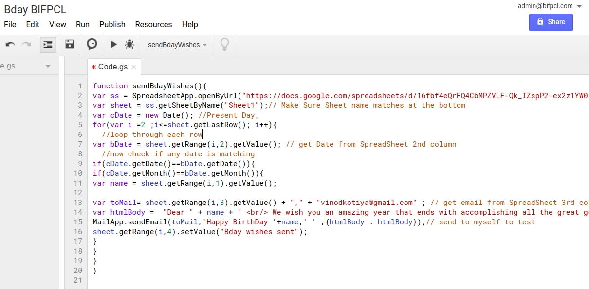 Automate birthday wish email from Gmail using Google Sheet and GSrcipt
