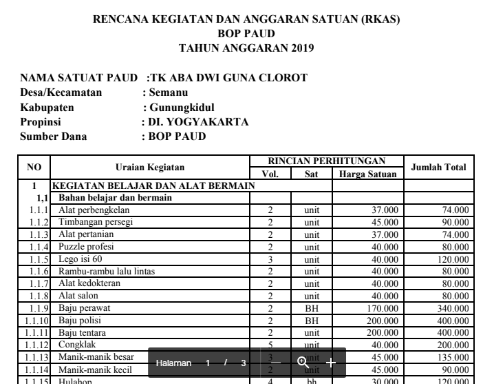 Contoh Rab Paud Contoh Rkas Bop Paud Tk 2019 Sesuai Juknis Download ...